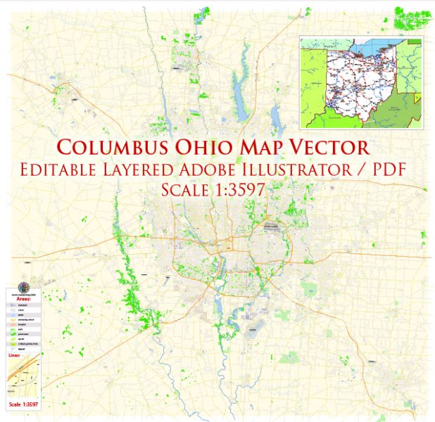 Columbus Ohio US PDF Map Vector Exact City Plan High Detailed Street ...
