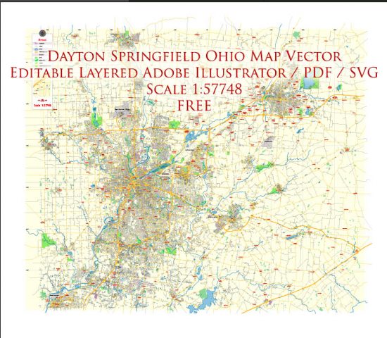 Dayton + Springfield Ohio US Map Vector Free Editable Layered Adobe ...