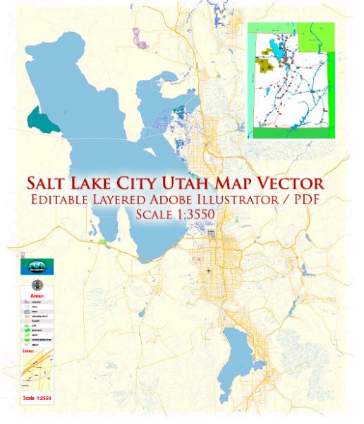 Salt Lake City Utah US PDF Map Vector Exact City Plan High Detailed ...