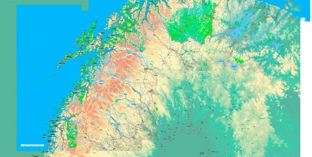 Norway PDF Map Vector Full Extra High Detailed 01 (all roads) + Relief ...