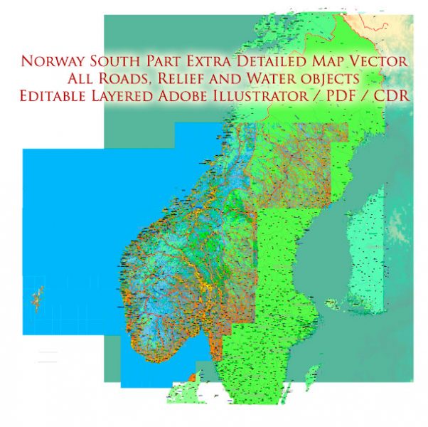 Norway Map Vector Full Extra High Detailed 01 (all roads) + Relief ...