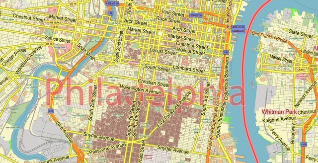 Philadelphia Pennsylvania US Vector Map Exact City Plan & Street Map ...