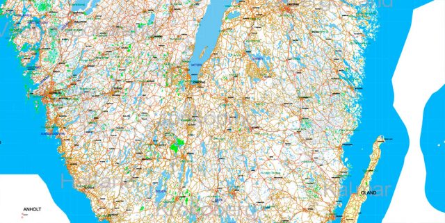 Sweden Map Vector Full Extra High Detailed 01 (all roads) + Relief ...