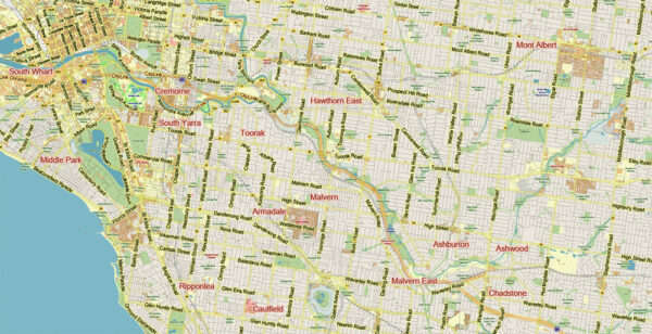 Melbourne Australia Grande area PDF Vector Map Exact City Plan Street ...