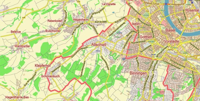 Basel Switzerland PDF Vector Map: City Plan Low Detailed (for small ...