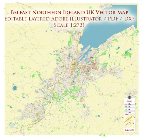 Belfast Northern Ireland UK PDF Vector Map: City Plan Low Detailed (for ...