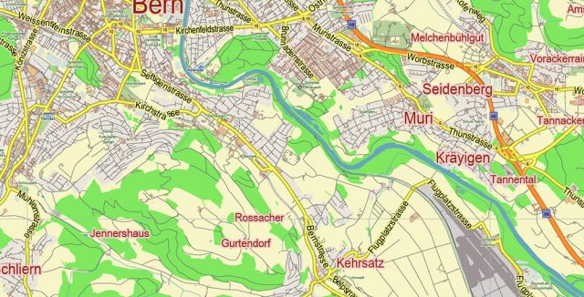 Bern Switzerland PDF Vector Map City Plan Low Detailed (for small print ...