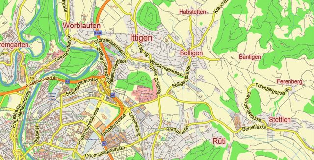 Bern Switzerland Map Vector City Plan Low Detailed (for small print size) Street Map editable ...