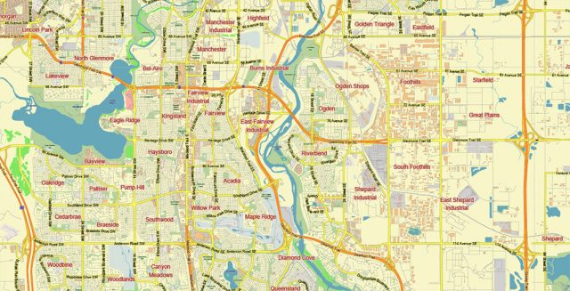Calgary Alberta Canada PDF Vector Map: City Plan Low Detailed (for ...