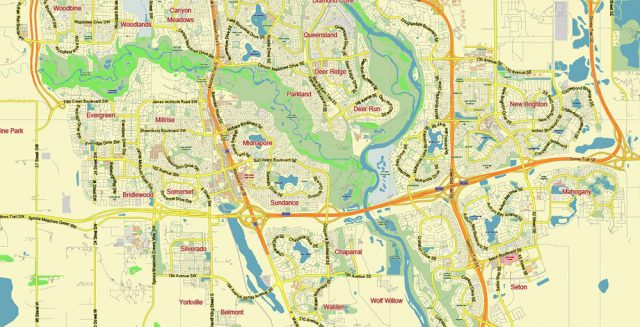 Calgary Alberta Canada PDF Vector Map: City Plan Low Detailed (for ...