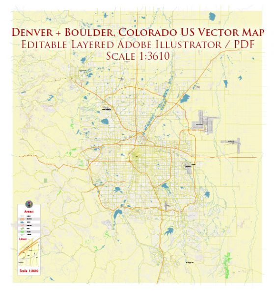 Denver Boulder Colorado US PDF Vector Map Accurate High Detailed City ...