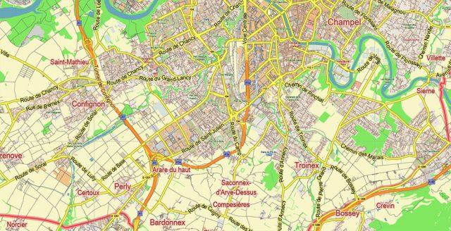 Geneva Genève Switzerland Map Vector City Plan Low Detailed (for small ...