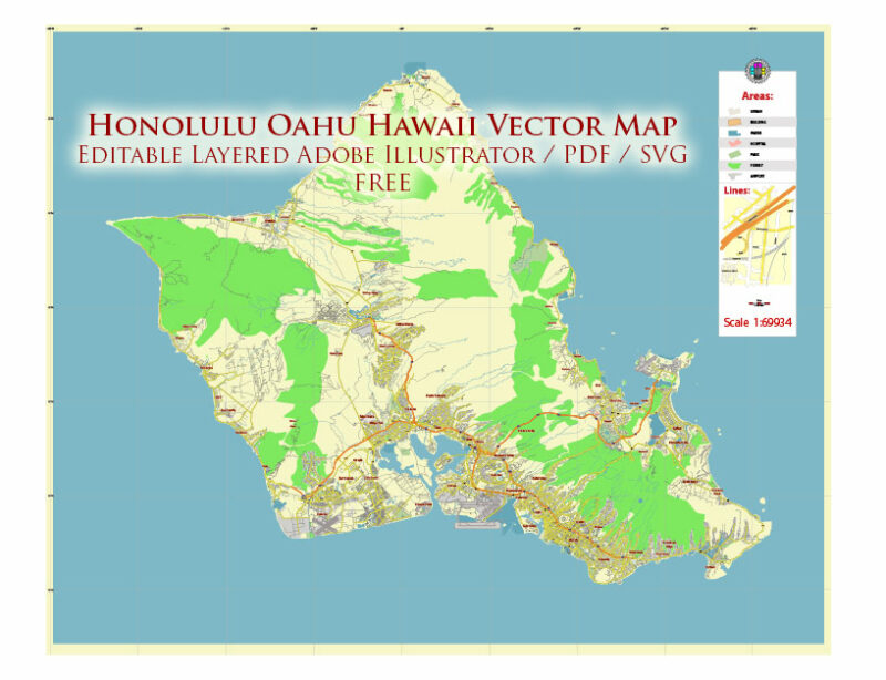Honolulu Oahu Hawaii US Vector Map Free Editable Layered Adobe ...