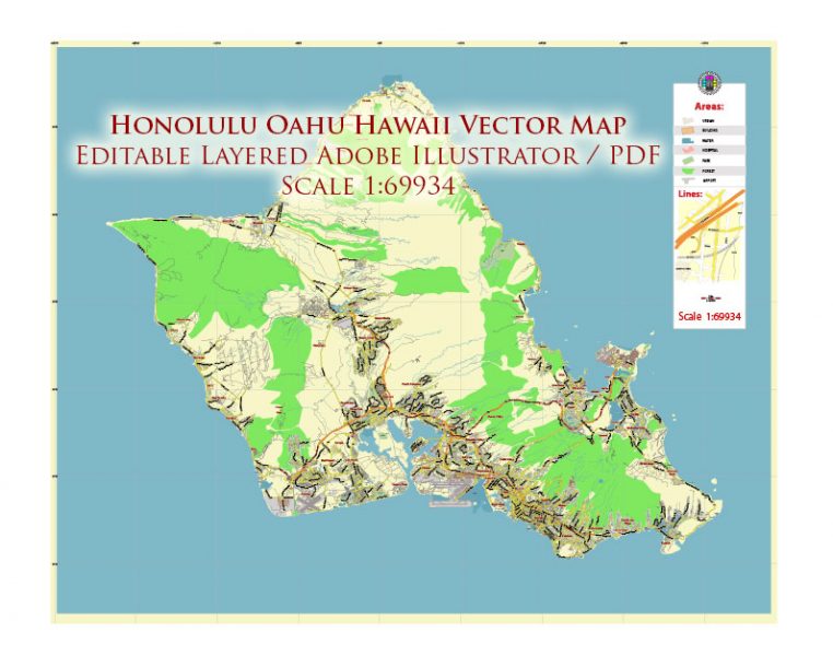 Honolulu Oahu Hawaii US PDF Vector Map: City Plan Low Detailed (for ...