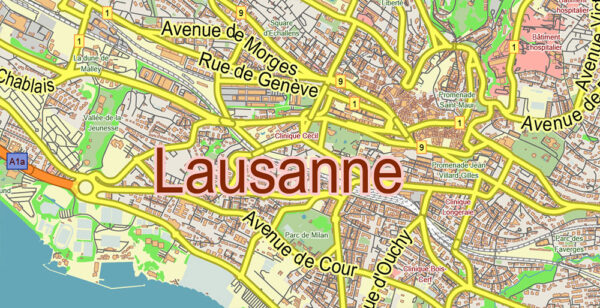Lausanne Switzerland Map Vector City Plan Low Detailed (for small print ...
