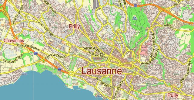 Lausanne Switzerland PDF Vector Map City Plan Low Detailed (for small ...