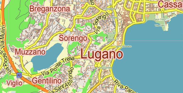 Lugano Switzerland PDF Vector Map City Plan Low Detailed (for small ...