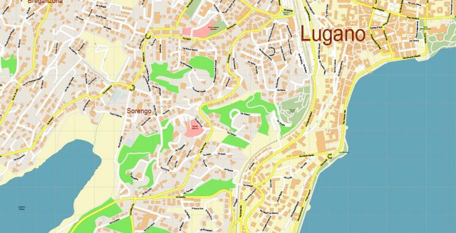Lugano Switzerland PDF Vector Map Accurate High Detailed City Plan ...
