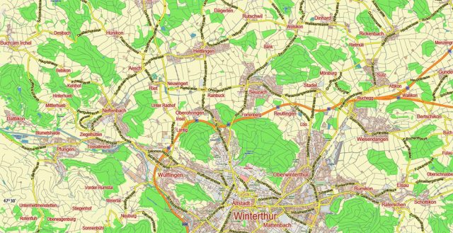 Winterthur Switzerland PDF Vector Map City Plan Low Detailed (for small ...
