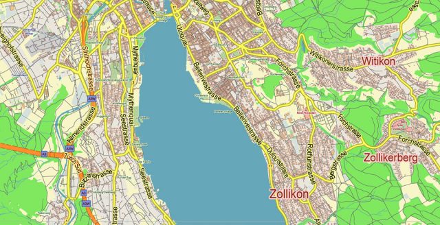 Zurich Switzerland PDF Vector Map: City Plan Low Detailed (for small ...
