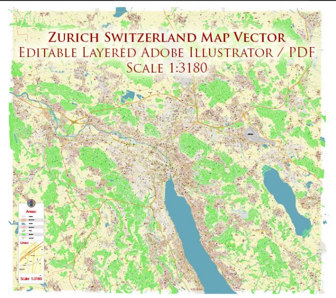 Zurich Switzerland Map Vector Accurate High Detailed City Plan editable ...