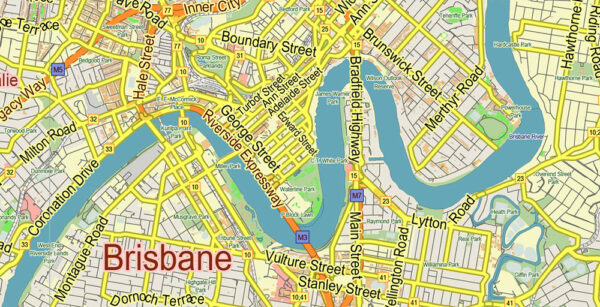 Brisbane Australia PDF Vector Map: City Plan Low Detailed (for small ...