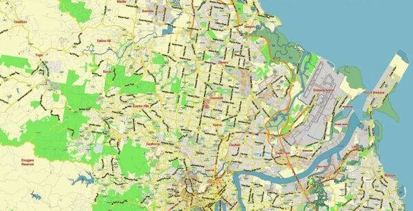 Brisbane Australia PDF Vector Map: City Plan Low Detailed (for small ...