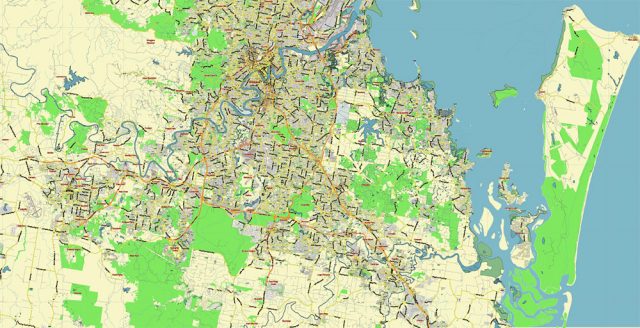 Brisbane Australia PDF Vector Map: City Plan Low Detailed (for small ...