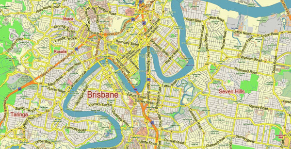 Brisbane Australia PDF Vector Map: City Plan Low Detailed (for small ...