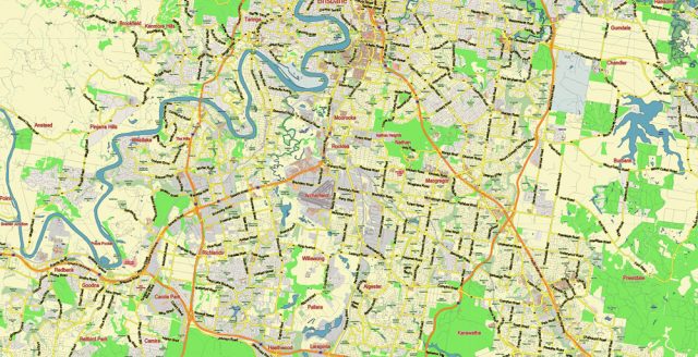 Brisbane Australia PDF Vector Map: City Plan Low Detailed (for small ...
