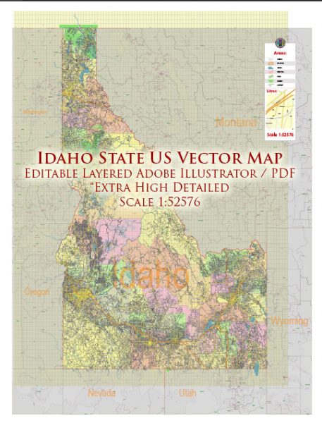 _Idaho Full State US Vector Map: Full Extra High Detailed (all roads, zipcodes, airports ...