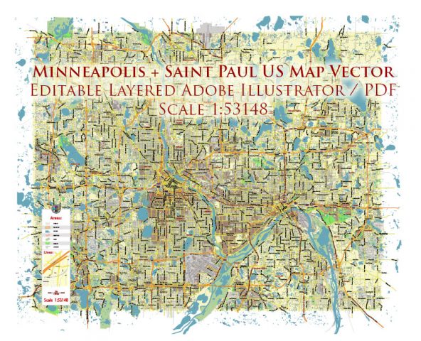 Minneapolis + Saint Paul Minnesota US Map Vector City Plan Low Detailed ...