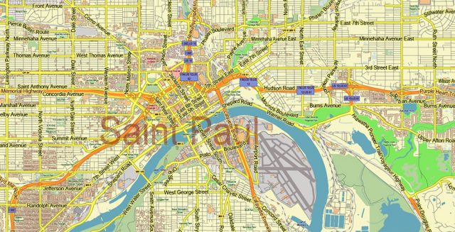 Minneapolis + Saint Paul Minnesota US Map Vector City Plan Low Detailed ...