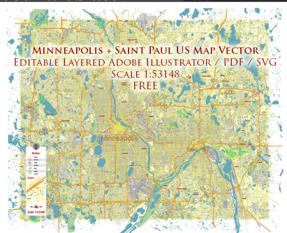 Minneapolis + Saint Paul Minnesota US Vector Map Free Editable Layered ...