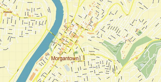 Morgantown West Virginia US Map Vector Accurate High Detailed City Plan ...