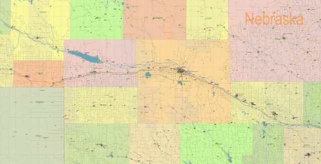 Nebraska Full State US PDF Vector Map: Full Extra High Detailed (all ...