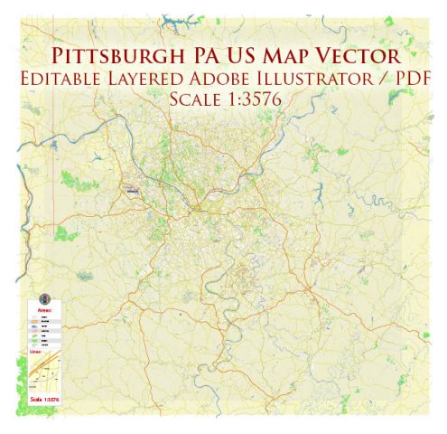 Pittsburgh Pennsylvania Metro Area PDF Vector Map: Accurate High ...
