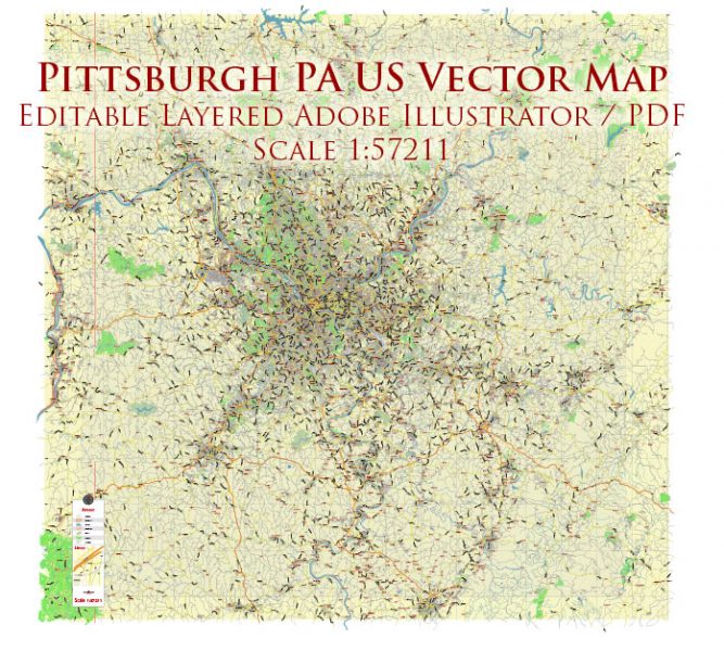 Pittsburgh Pennsylvania Metro Area PDF Vector Map: City Plan Low ...