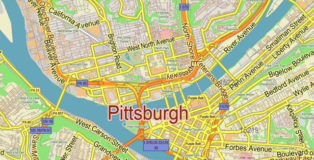 Pittsburgh Pennsylvania Metro Area PDF Vector Map: City Plan Low ...