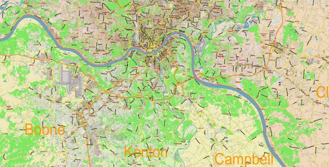 Cincinnati Ohio Metro Area US PDF Vector Map: Exact Low Detailed (for ...
