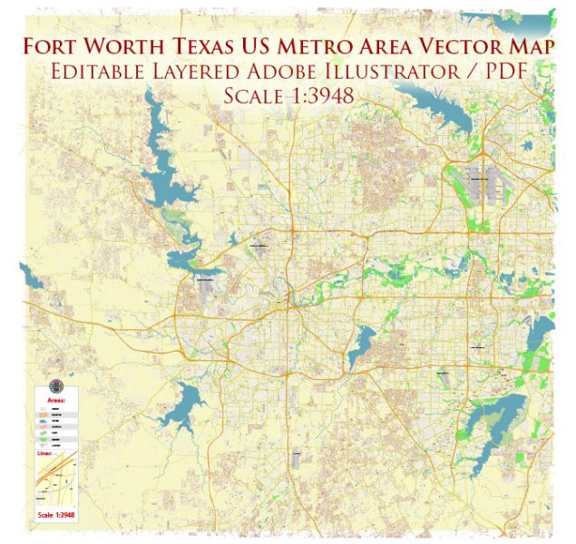 Fort Worth Texas US Map Vector Metro Area Accurate High Detailed City ...