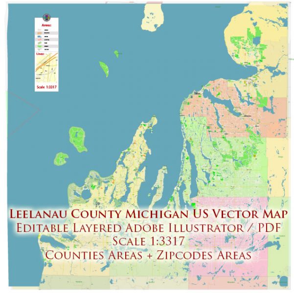Leelanau County Michigan US PDF Vector Map: Exact High Detailed County ...