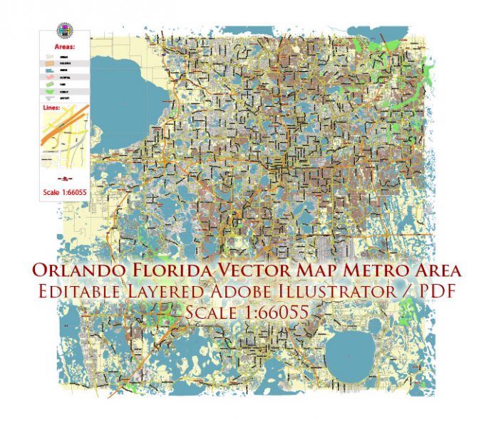 Orlando Florida US Map Vector City Plan Metro Area Low Detailed (for ...
