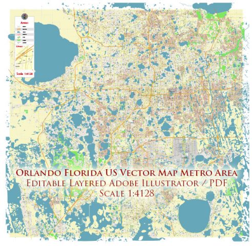 Orlando Florida US PDF Vector Map: Metro Area Accurate High Detailed ...