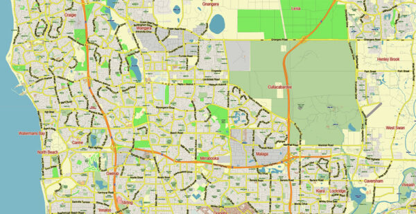 Perth Metro Area Australia PDF Vector Map: City Plan Low Detailed (for ...