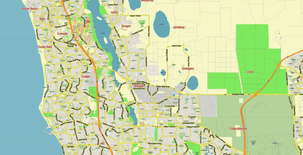 Perth Metro Area Australia Map Vector City Plan Low Detailed (for small ...