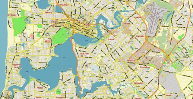 Perth Metro Area Australia PDF Vector Map: City Plan Low Detailed (for ...