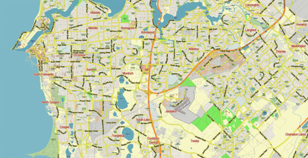 Perth Metro Area Australia PDF Vector Map: City Plan Low Detailed (for ...