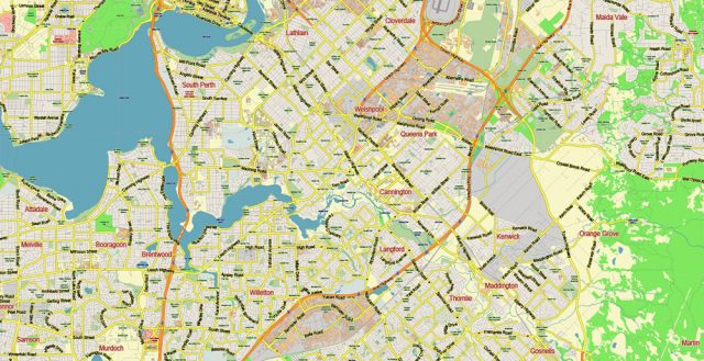 Perth Metro Area Australia Map Vector City Plan Low Detailed (for small ...