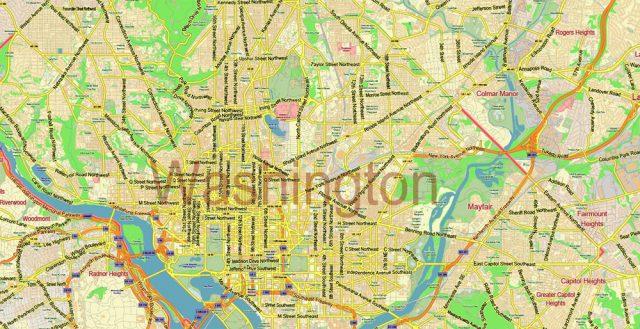 Alexandria Virginia + Washington DC US PDF Vector Map: Low Detailed ...